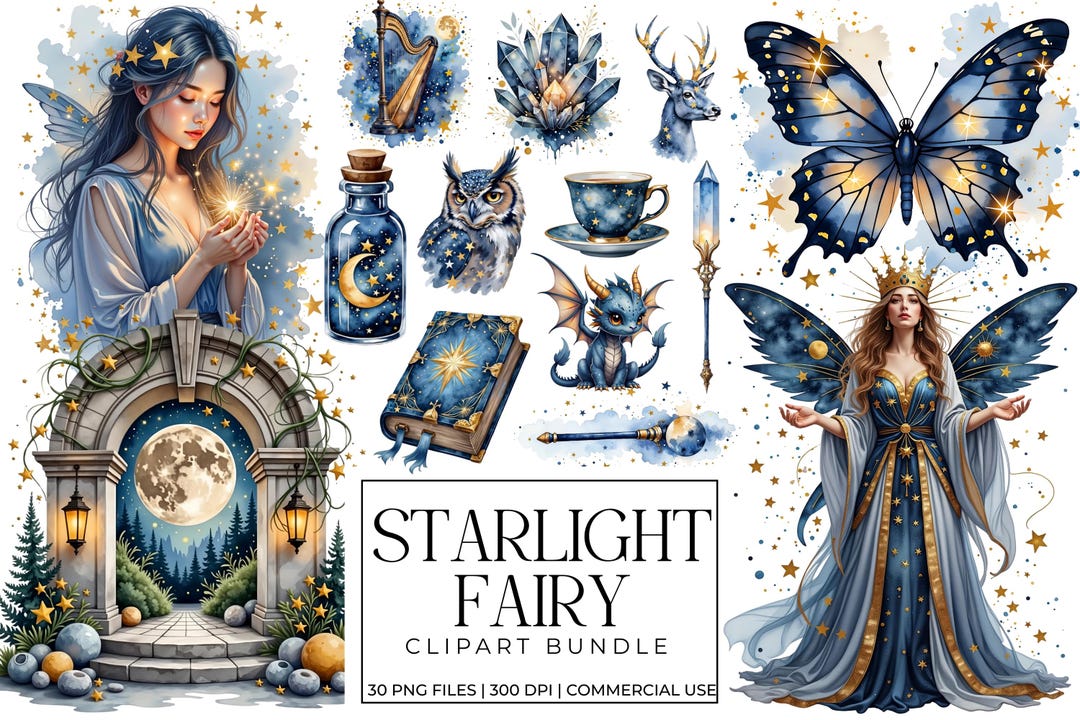 Starlight Fairy Celestial Clipart Bundle | Dark Blue & Gold Magical ...