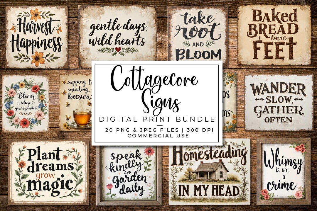 Cottagecore Sign Printable Bundle – 20 Rustic Quote Prints – Digital ...