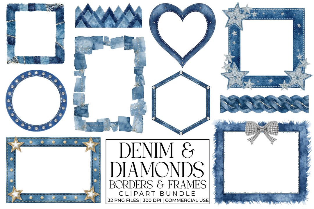 Denim & Diamonds Borders and Frames Clipart Bundle | Western Glam ...