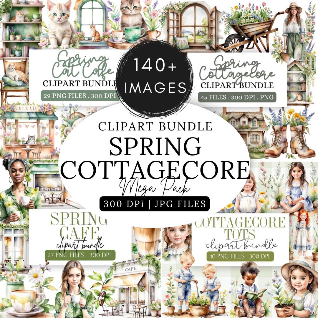 Spring Cottagecore Clipart Mega Bundle – Cozy Café, Cats, Whimsical ...