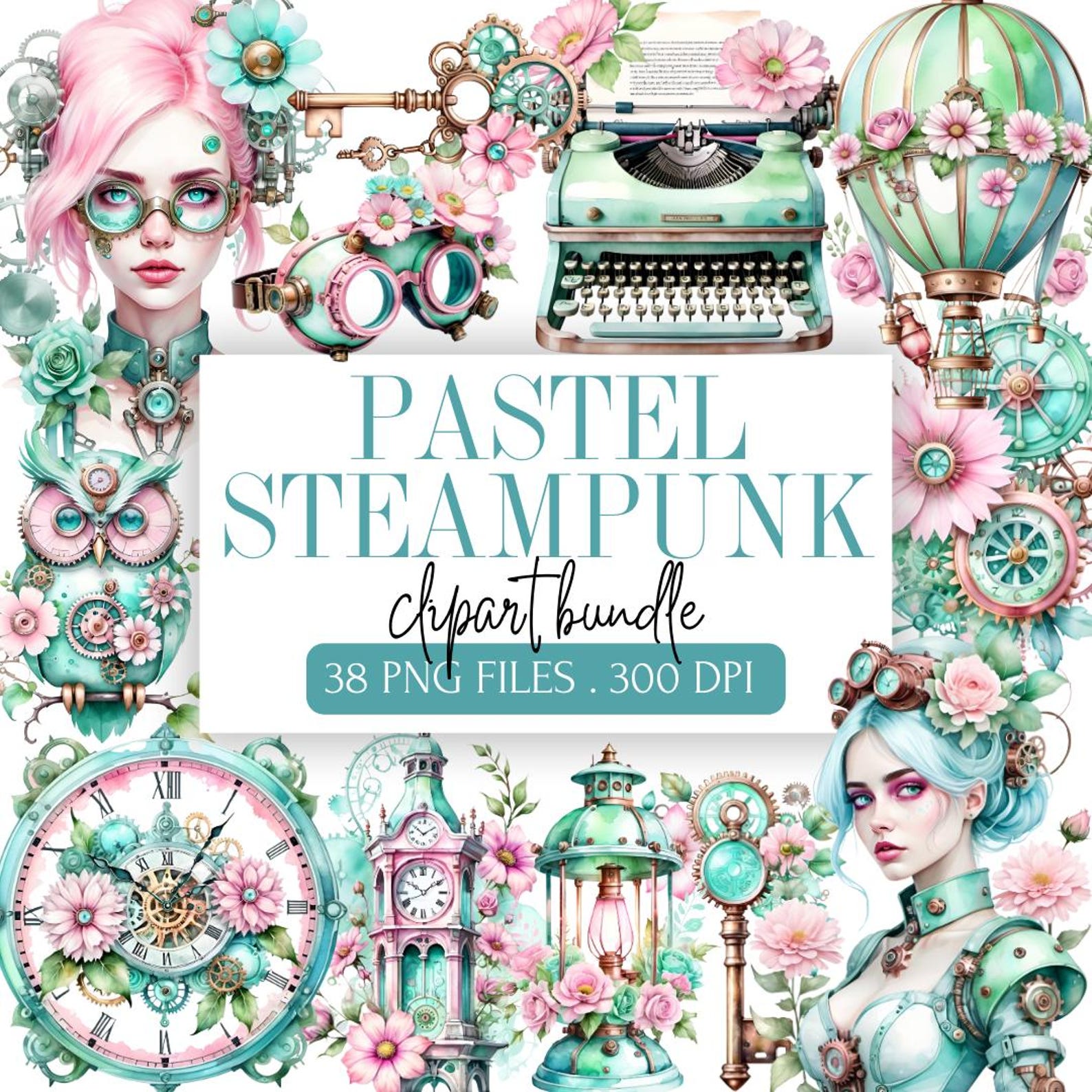 Pastel Floral Steampunk Clipart Bundle | Vintage Gear & Clocks Graphics ...