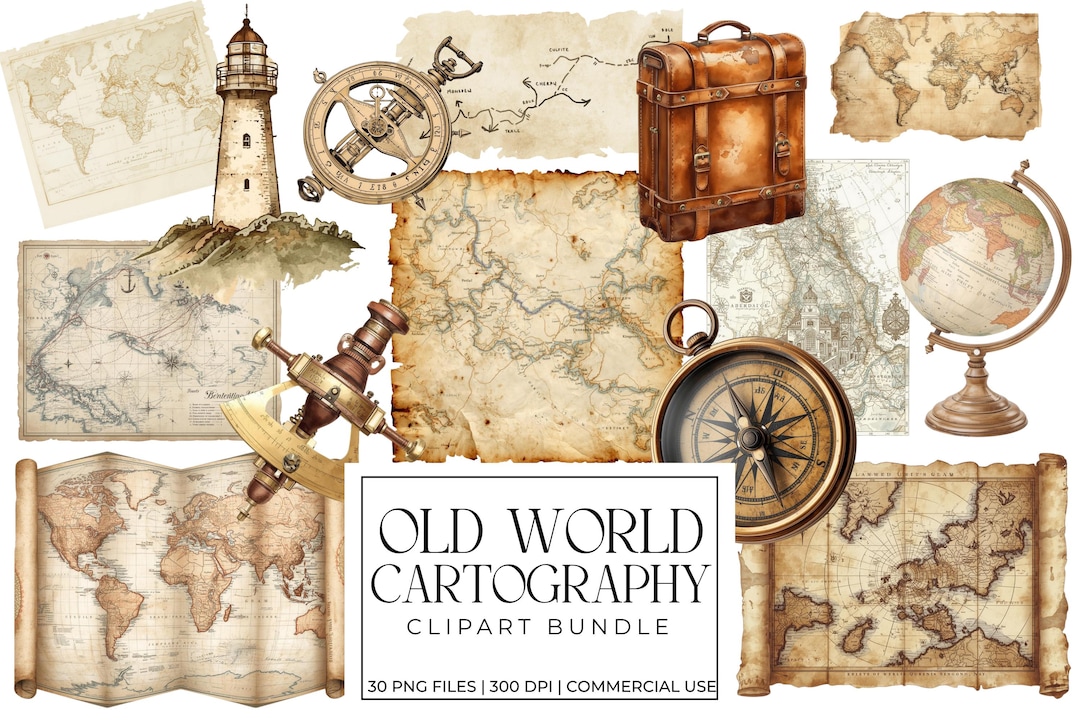 Old World Cartography Watercolor Clipart Bundle, Antique Maps, Globes ...