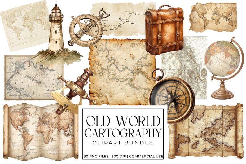 Old World Cartography Watercolor Clipart Bundle, Antique Maps, Globes ...