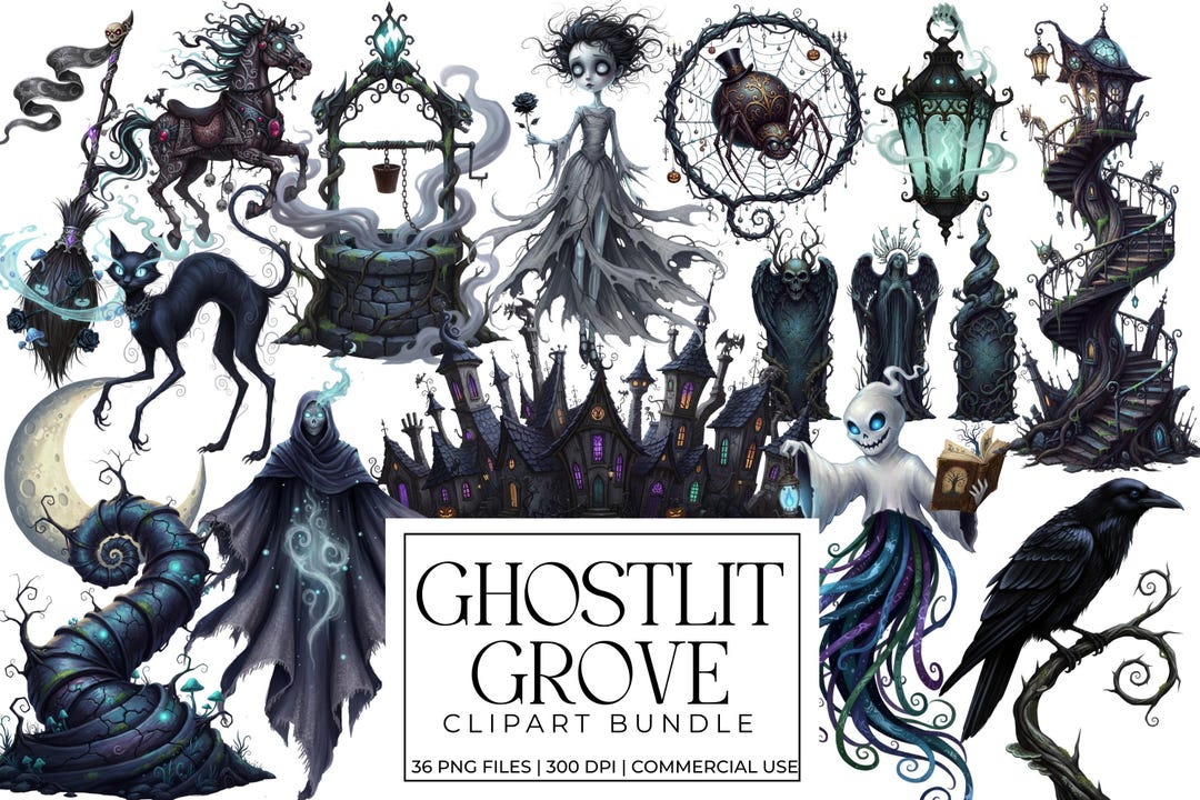 Ghostlit Grove Gothic Whimsical Clipart Bundle, Spooky Fairytale Forest ...