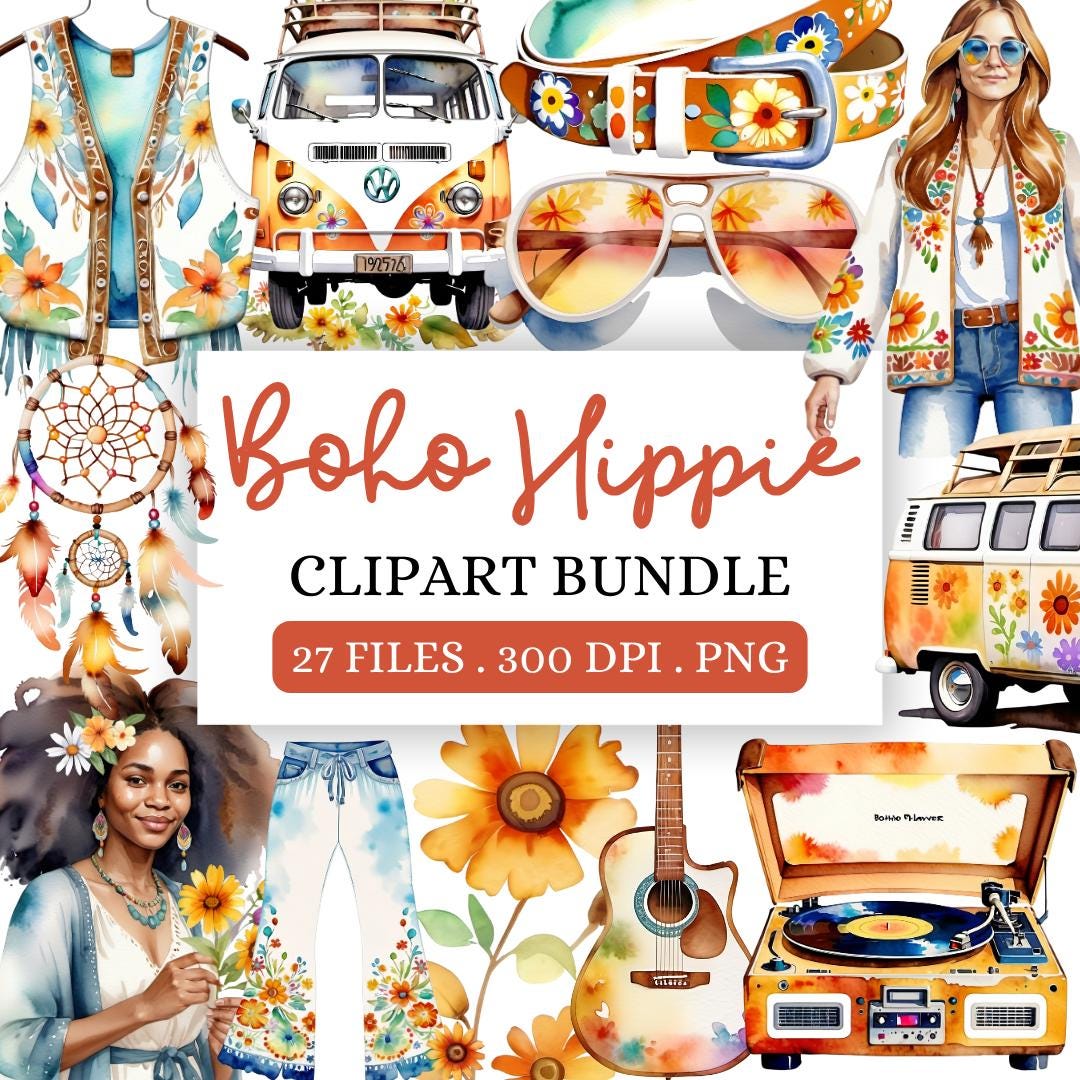 Boho Hippie Clipart, Retro 1970s Clip Art, Vintage Hippie Graphics ...