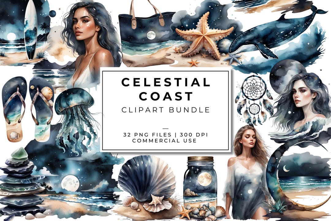 Celestial Beach Night Clipart | Moonlit Ocean Graphics | Mystical ...