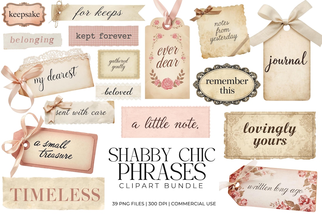 Shabby Chic Word Ephemera Clipart, Vintage Phrases PNG, Scrapbook ...