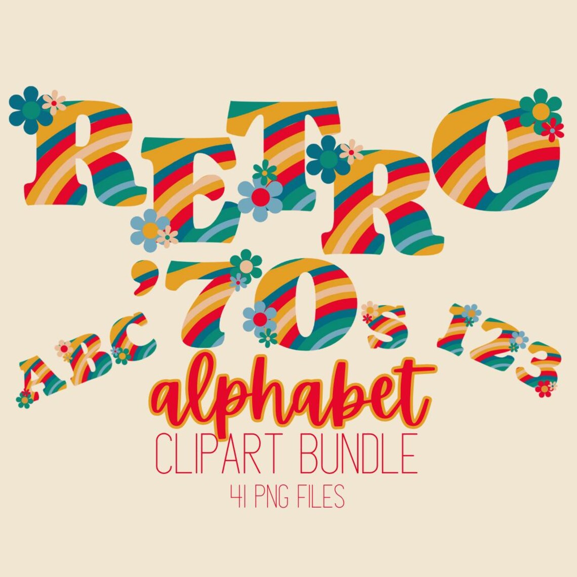Retro 70s Letters Clipart Bundle, English Alphabet and Numbers Clipart ...