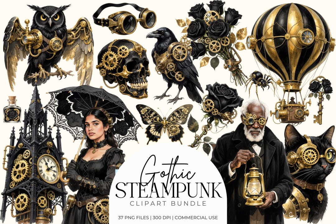 Gothic Steampunk Clipart Bundle, Black and Gold Watercolor Pngs ...