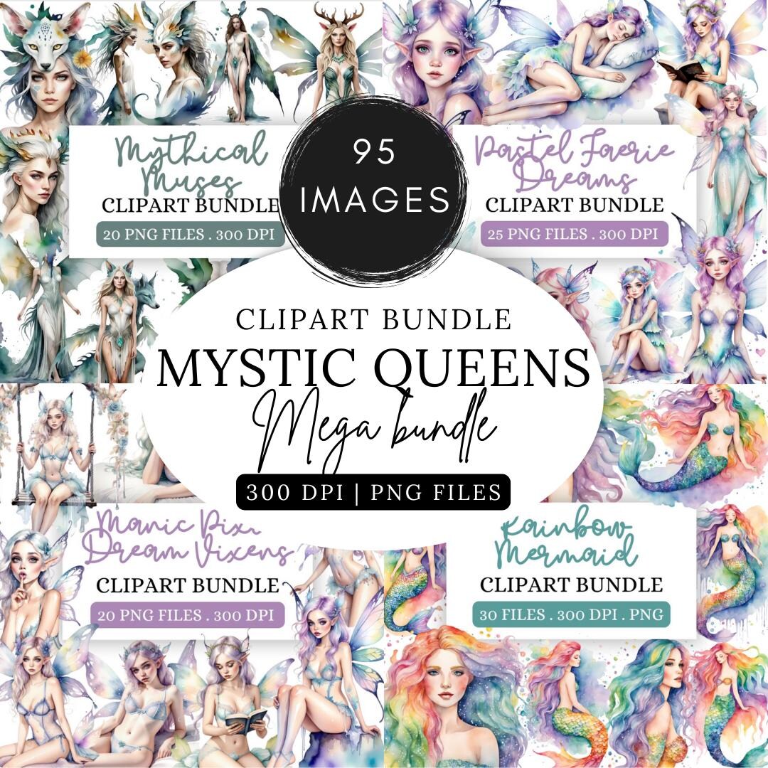 Mystic Queen Clipart Bundle | Fantasy Fairies & Mermaids PNG | Mythical ...