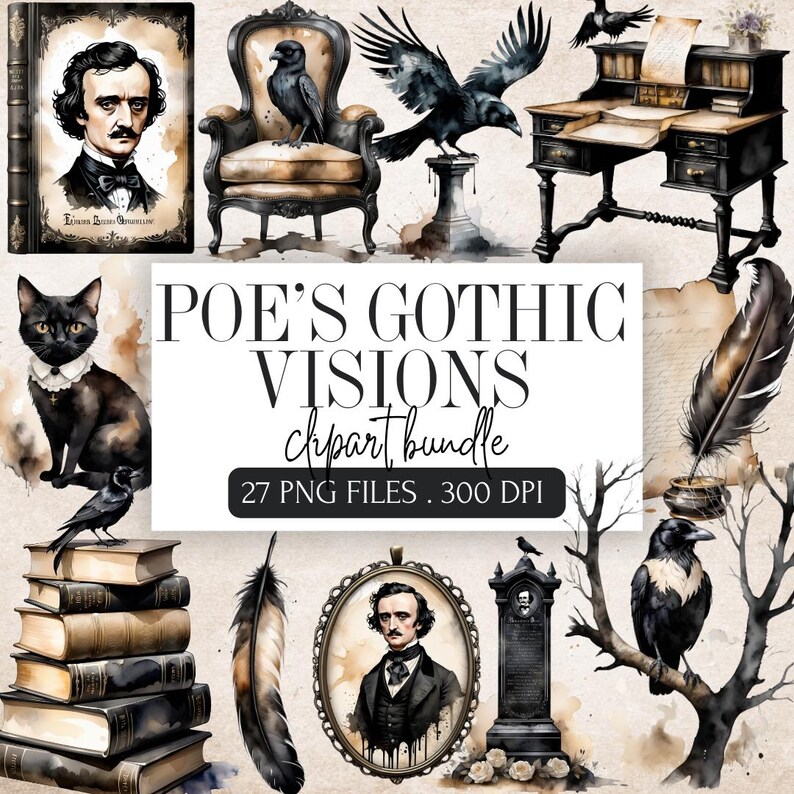 Edgar Allan Poe Gothic Clipart Bundle | Dark Academia, Vintage Macabre ...