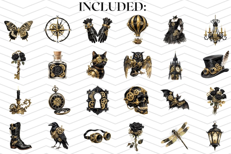 Gothic Steampunk Clipart Bundle, Black and Gold Watercolor Pngs ...