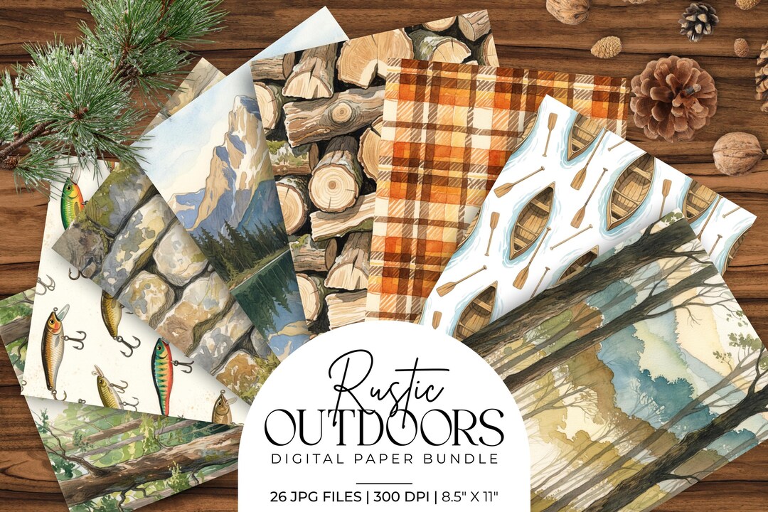 Rustic Outdoors Digital Paper Bundle – Forest, Lake, Camp Scenes ...