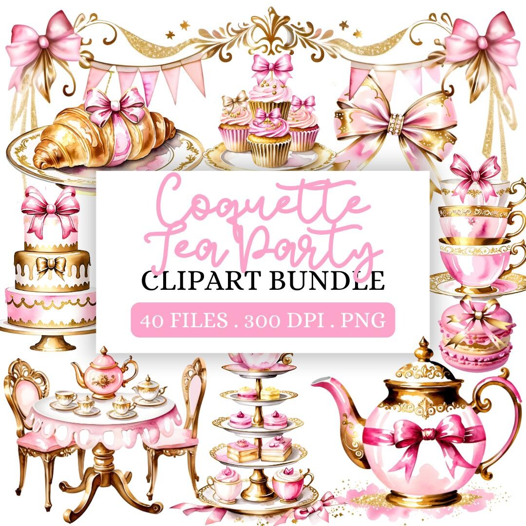 Coquette Tea Party Clipart Bundle, Pink and Gold Tea Party Clip Art ...