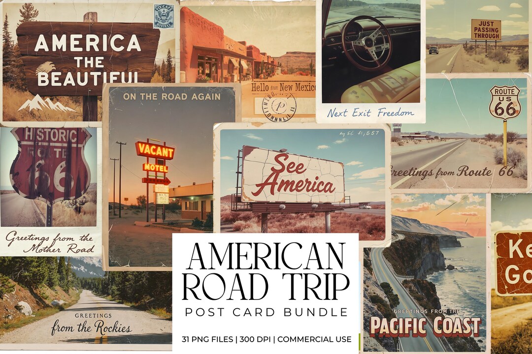 American Road Trip Postcards Clipart Bundle Pngs, Vintage Travel ...