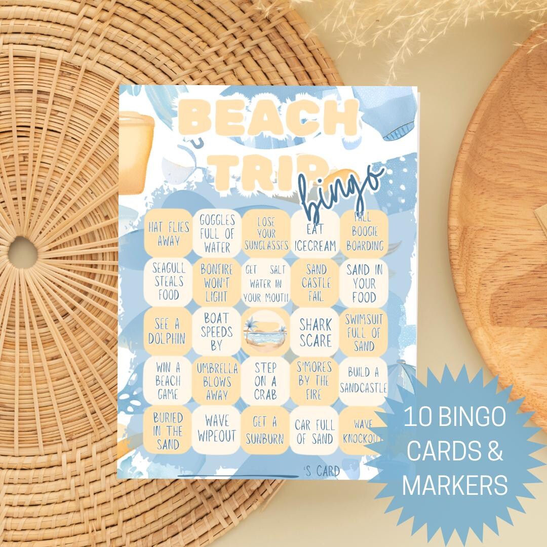 Beach Trip Bingo Printable Game | 10 Unique Pre-filled Cards + Markers ...