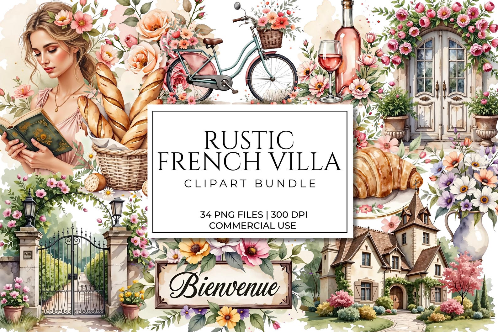 Rustic French Villa Clipart Bundle | Watercolor Provence Countryside ...