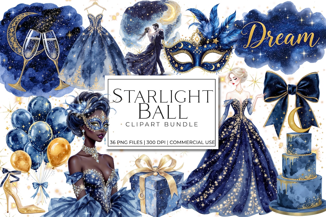 Starlight Ball Clipart Bundle | Dark Blue & Gold Celestial Pngs ...