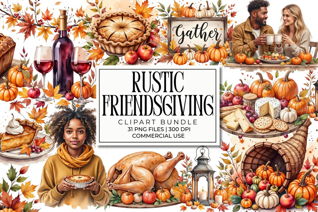 Rustic Friendsgiving Clipart Bundle, Fall Food Wine Dinner PNG, Cozy ...