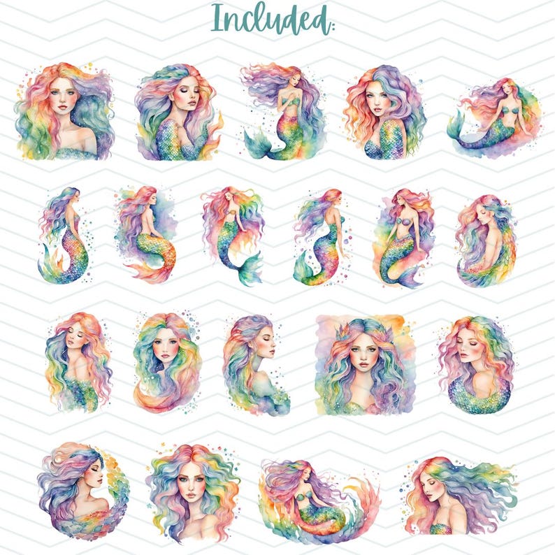 Rainbow Mermaid Clip Art | Watercolor Mermaid PNG | Fantasy Ocean ...