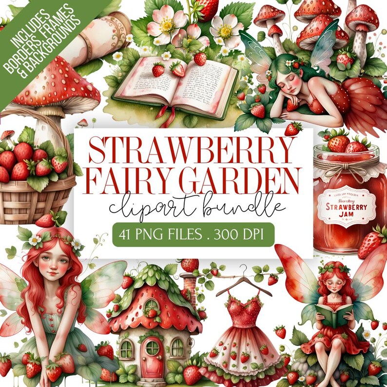 Strawberry Fairy Garden Clipart Bundle – Whimsical Fairycore Graphics ...