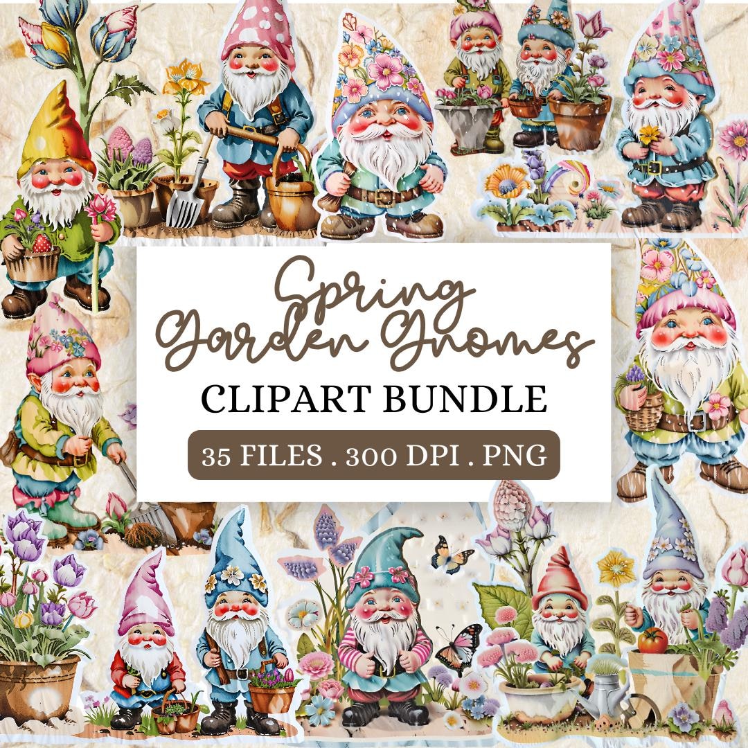 Spring Garden Gnome Clipart Bundle, Pastel Floral Gnome Graphics ...