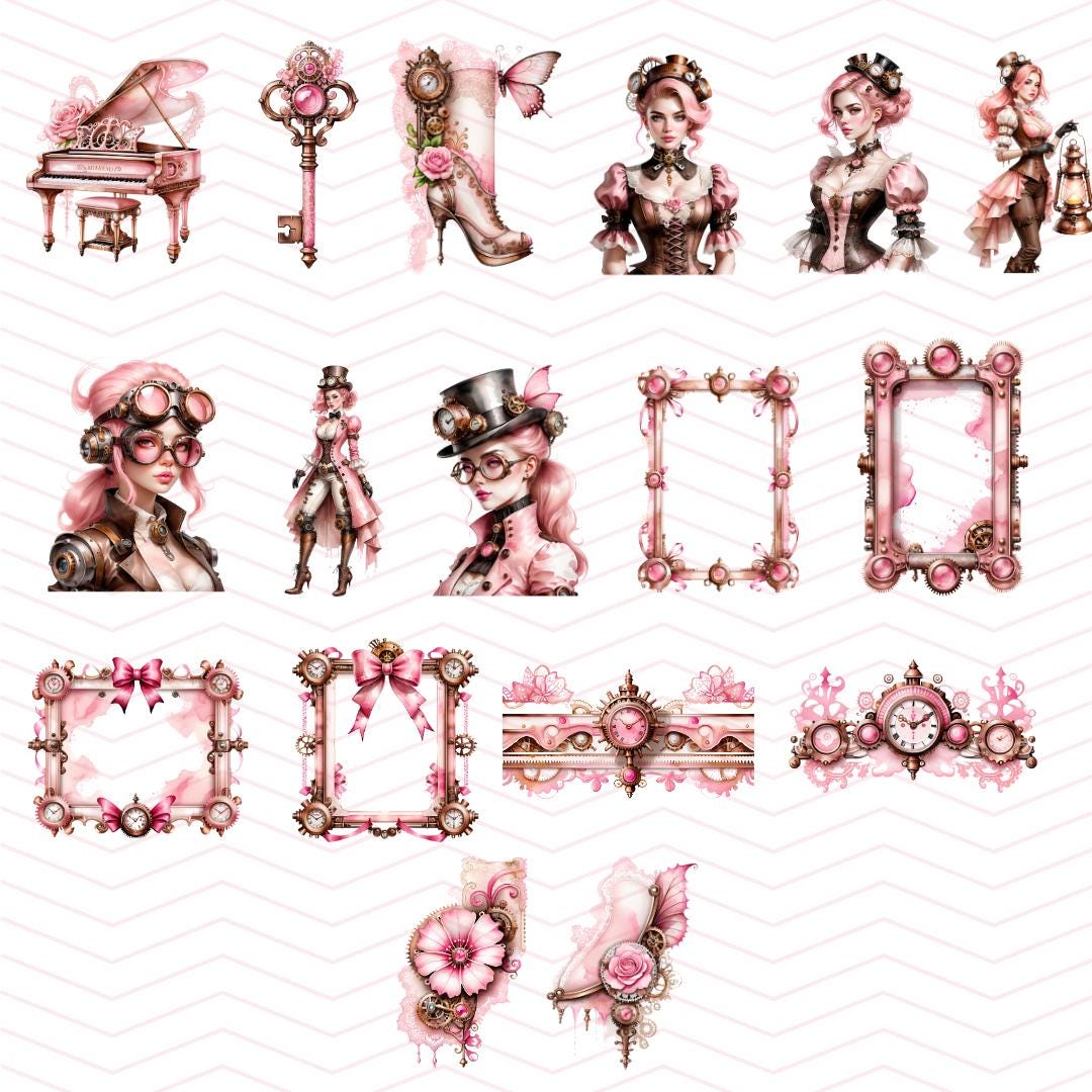 Pink Coquette Steampunk Clipart Bundle | Feminine Victorian Graphics ...