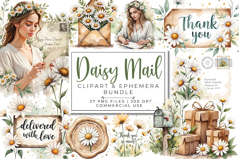 Daisy Mail Clipart Bundle | Floral Happy Mail Pngs, Envelopes ...