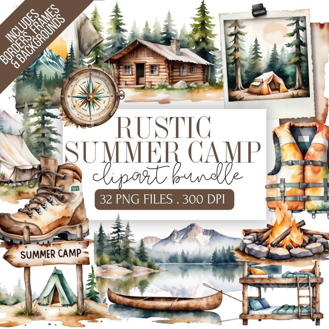 Rustic Summer Camp Clipart | Cozy Cabin, Forest Adventure, Tent ...