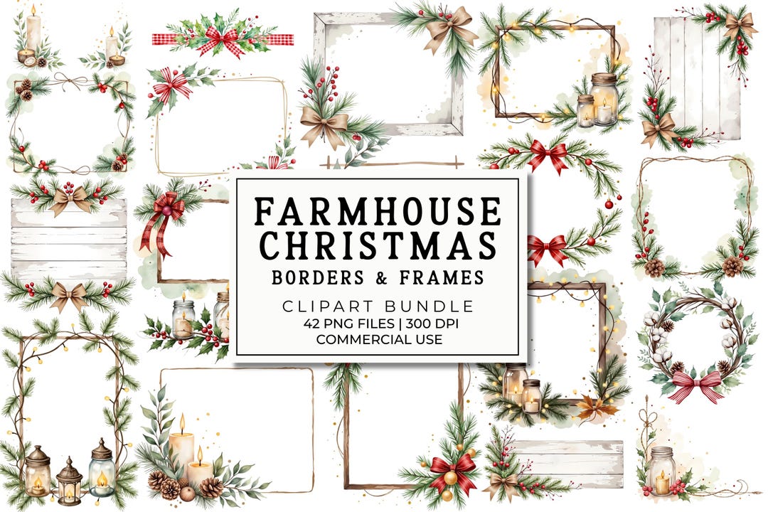 Farmhouse Christmas Clipart Bundle, Holiday Borders & Frames, Rustic ...