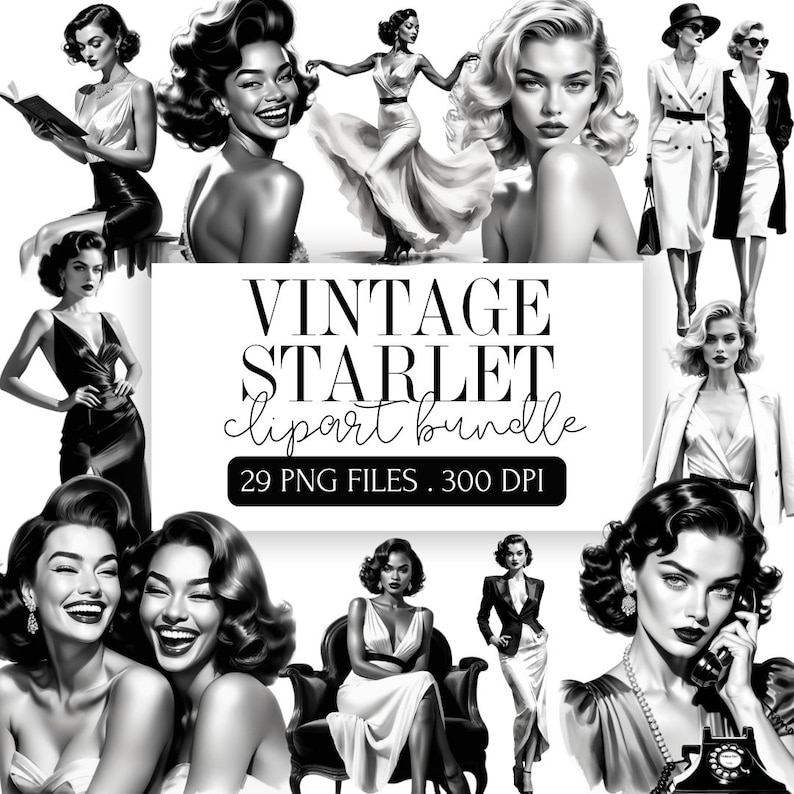 Vintage Starlet Clipart Bundle | Retro Hollywood Glam PNG | Black & White Starlet Graphics ...