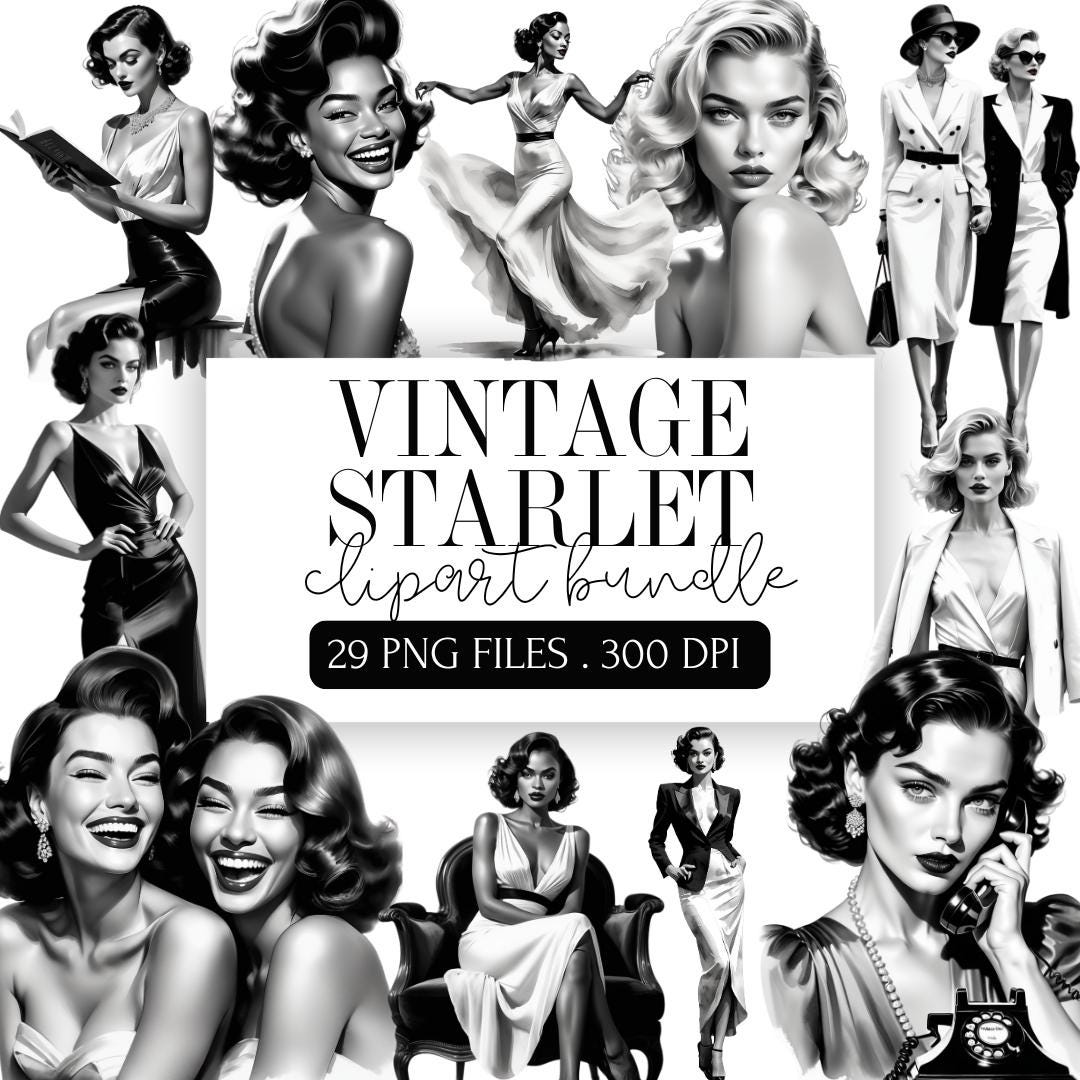 Vintage Starlet Clipart Bundle | Retro Hollywood Glam PNG | Black & White Starlet Graphics ...