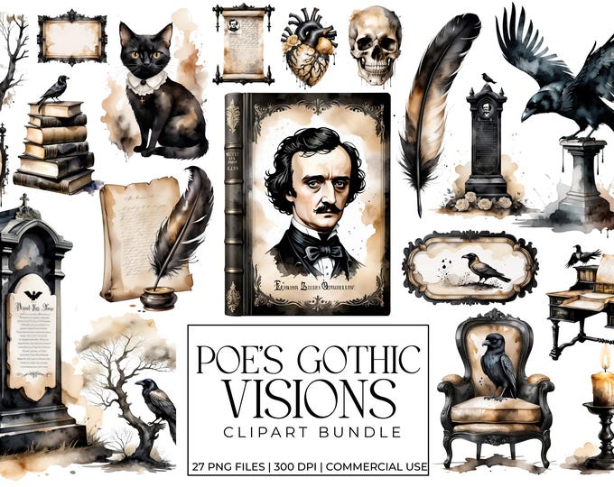 Edgar Allan Poe Gothic Clipart Bundle | Dark Academia, Vintage Macabre ...