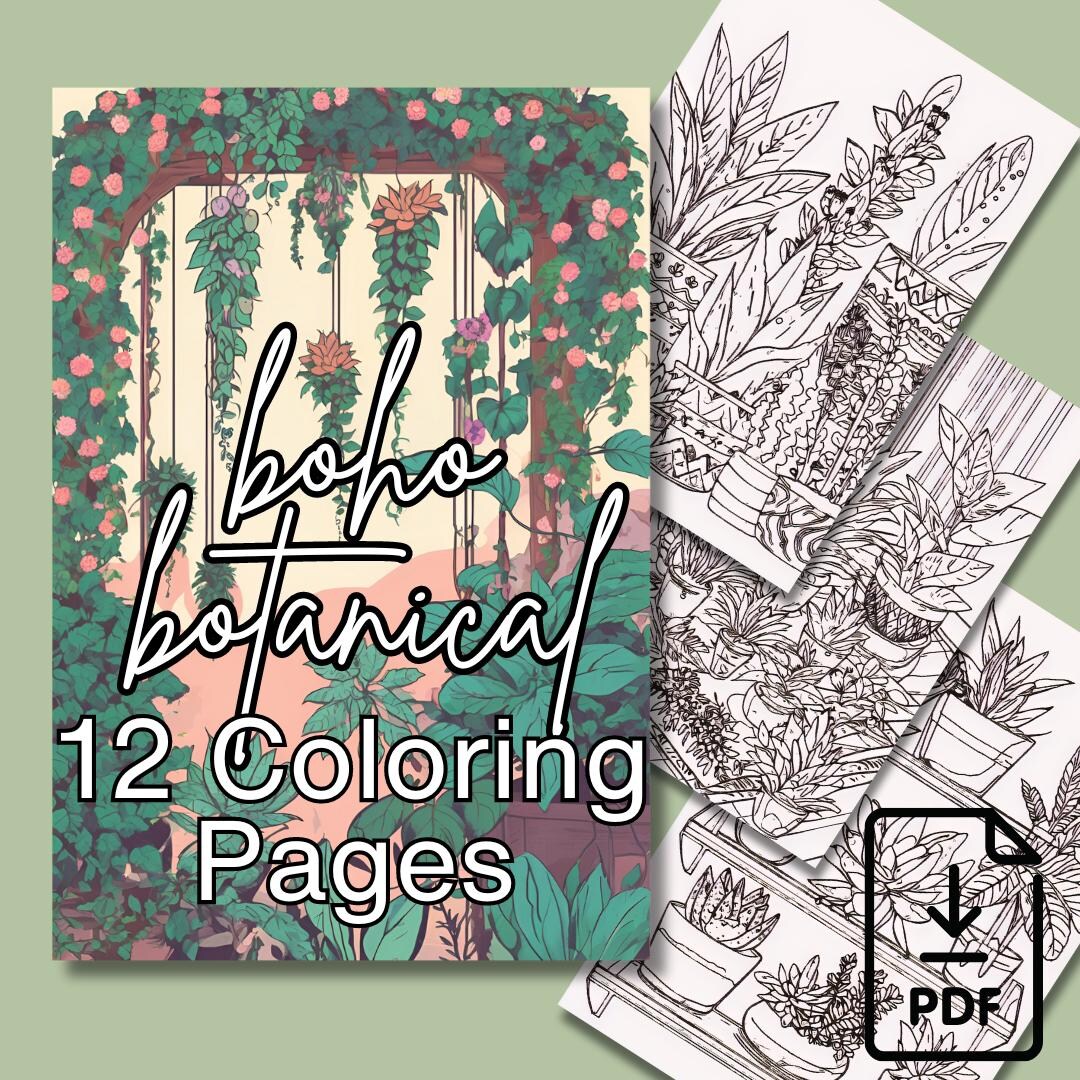 12 Boho Botanical Adult Coloring Pages, Plant and Garden Digital ...