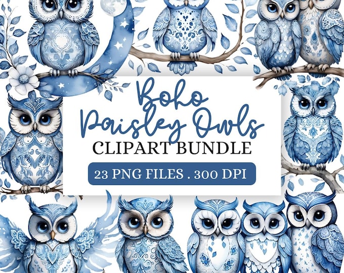 Blue Paisley Owls Clipart | Watercolor Owl Illustrations | Boho Paisley ...