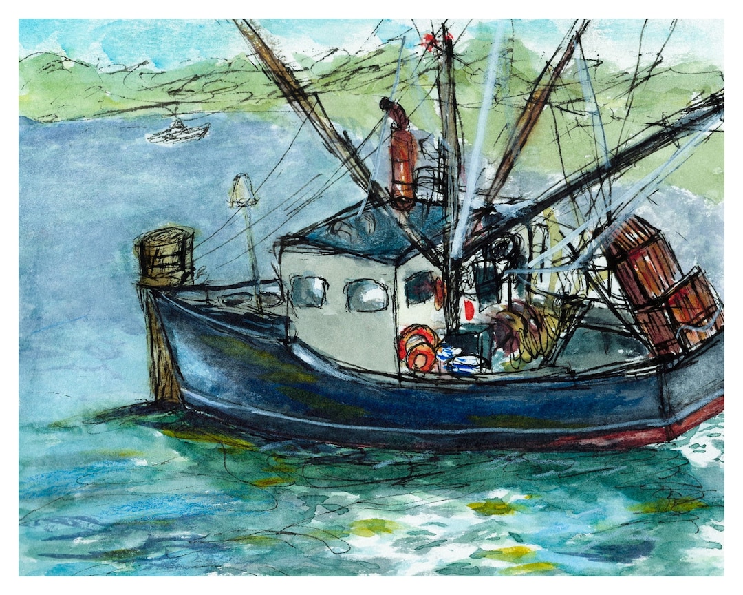 Cape Cod Boat Ink and Watercolor Art Print From Original - Etsy