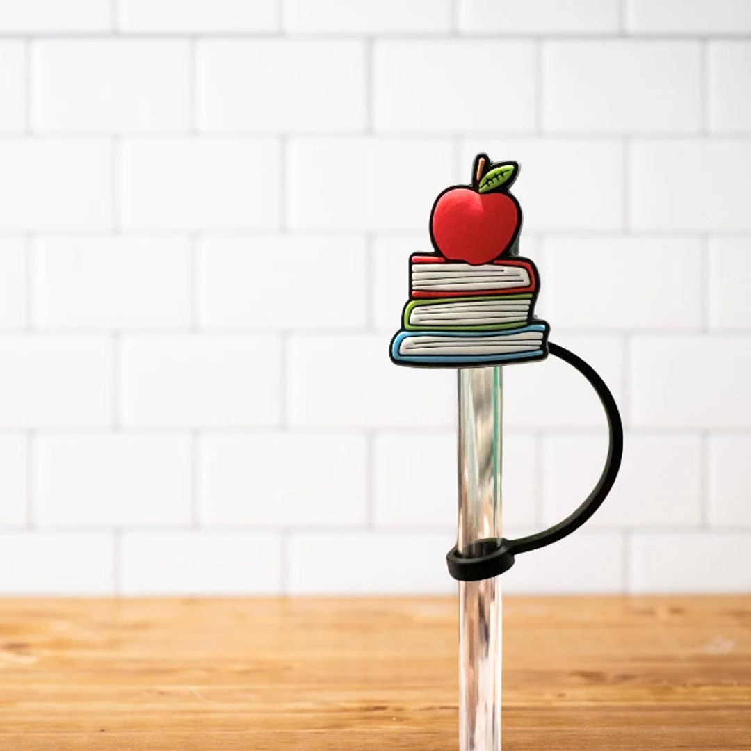 Apple on a Stack of Books Teacher Silicone Straw Topper for Travel ...