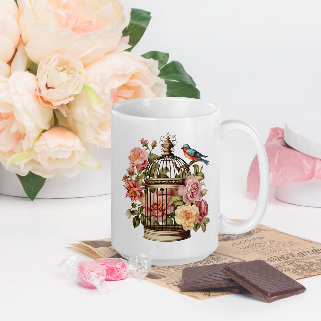 Vintage Bird Cage Mug Valentines Day Gift Idea White Ceramic Mug 11oz ...