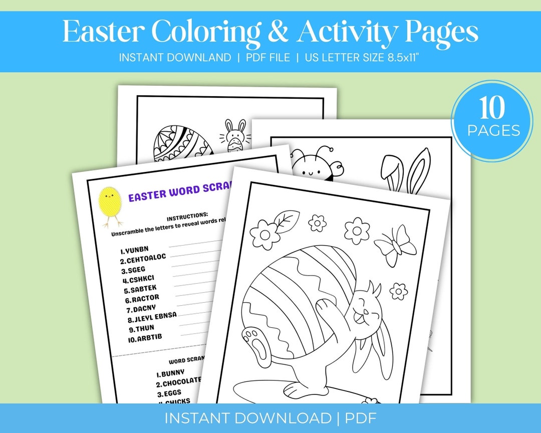 Easter Coloring Pages: Bunny & Word Scramble Activity (PDF Download ...