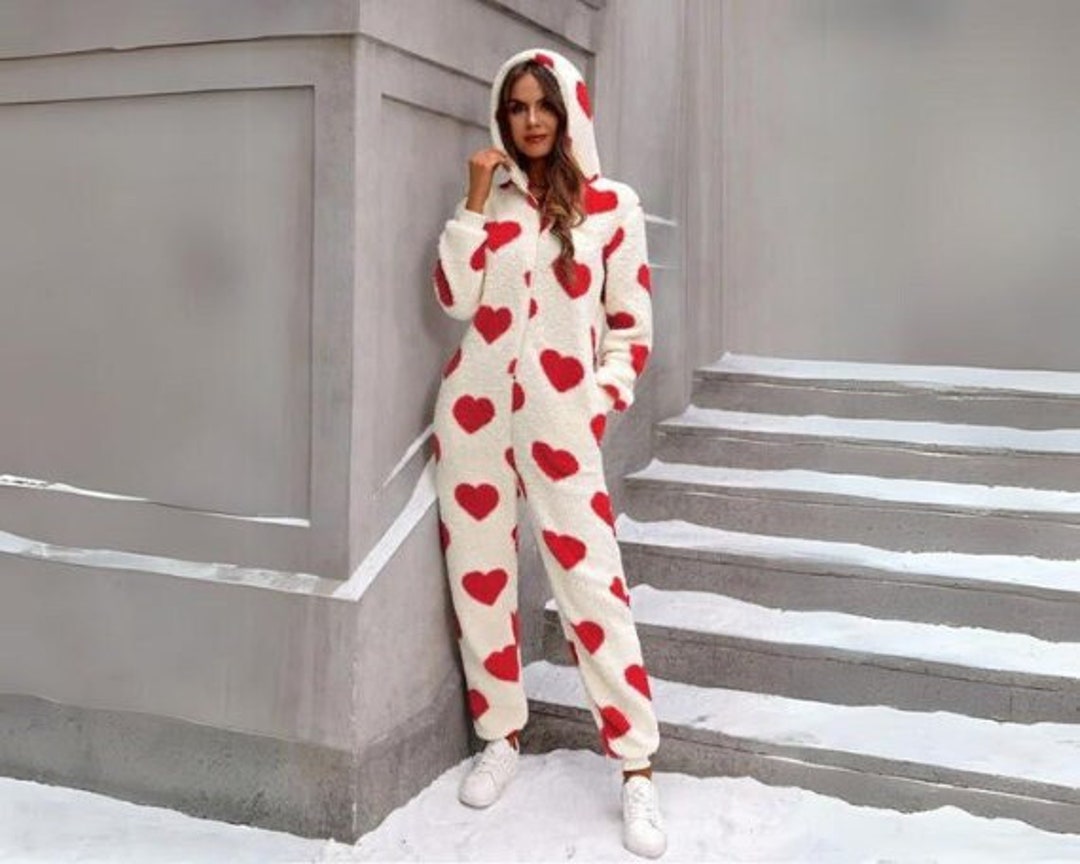 Soft Heart Patterned Hooded Back Zipper Butt Flap Plush Fleece Jumpsuit ...
