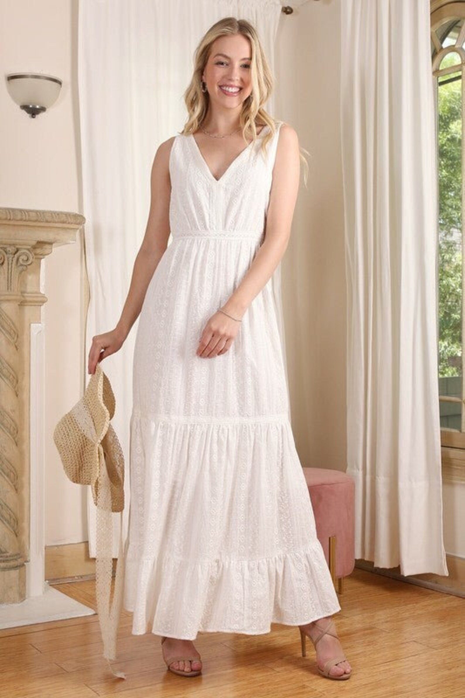 White V-neckline Embroidered Tiered Dress, Sundresses for Women ...