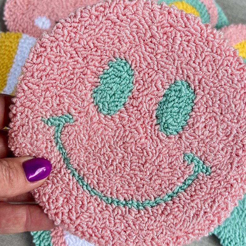 Smiley Face Punch Needle Coaster, Crochet Mug Rug, Cute Coaster ...