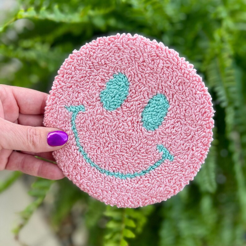 Smiley Face Punch Needle Coaster, Crochet Mug Rug, Cute Coaster ...