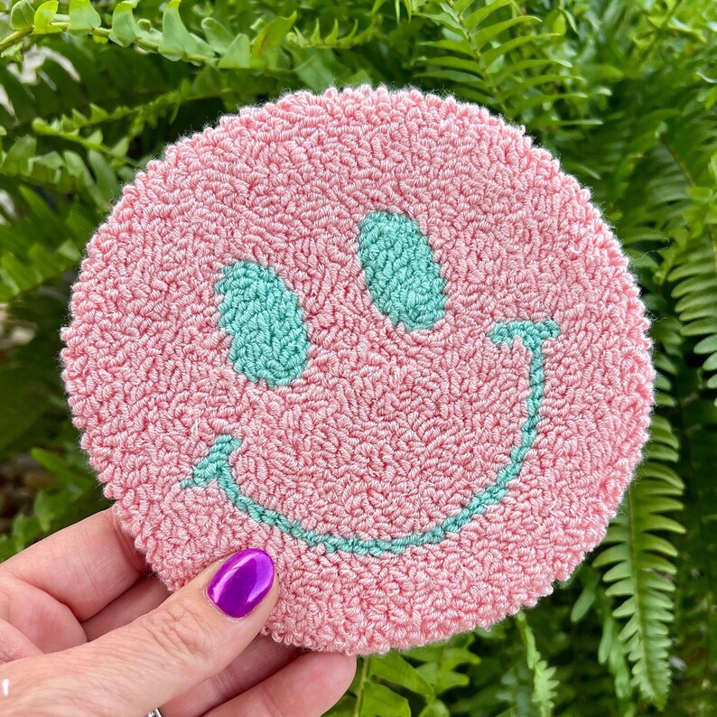 Smiley Face Punch Needle Coaster, Crochet Mug Rug, Cute Coaster ...