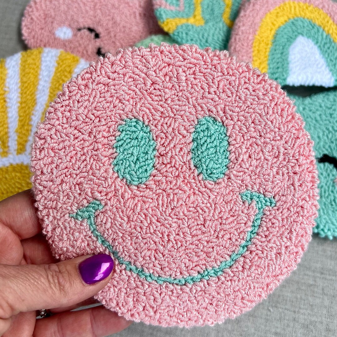 Smiley Face Punch Needle Coaster, Crochet Mug Rug, Cute Coaster ...