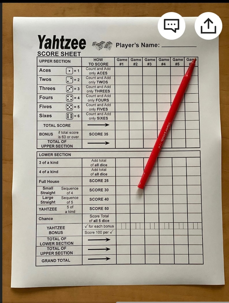 Yahtzee Score Sheet - Printable File - Instant PDF Download (8.5x11 In ...