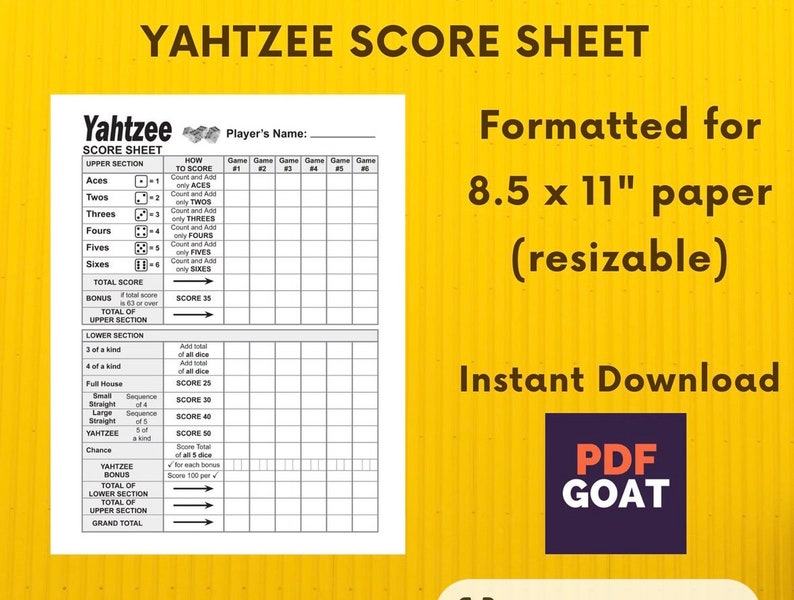 Yahtzee Score Sheet - Printable File - Instant PDF Download (8.5x11 In ...