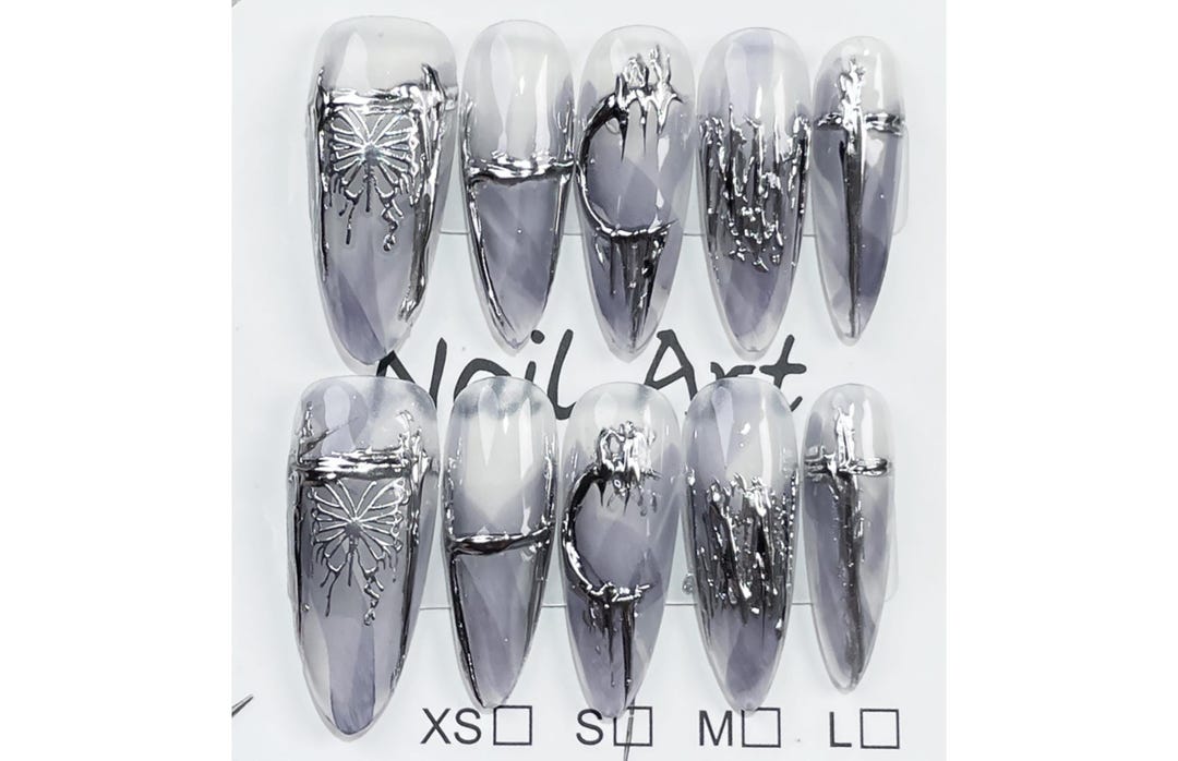 Halloween Spider Web Corpse Bride Silver Metallic Long Oval Press on ...