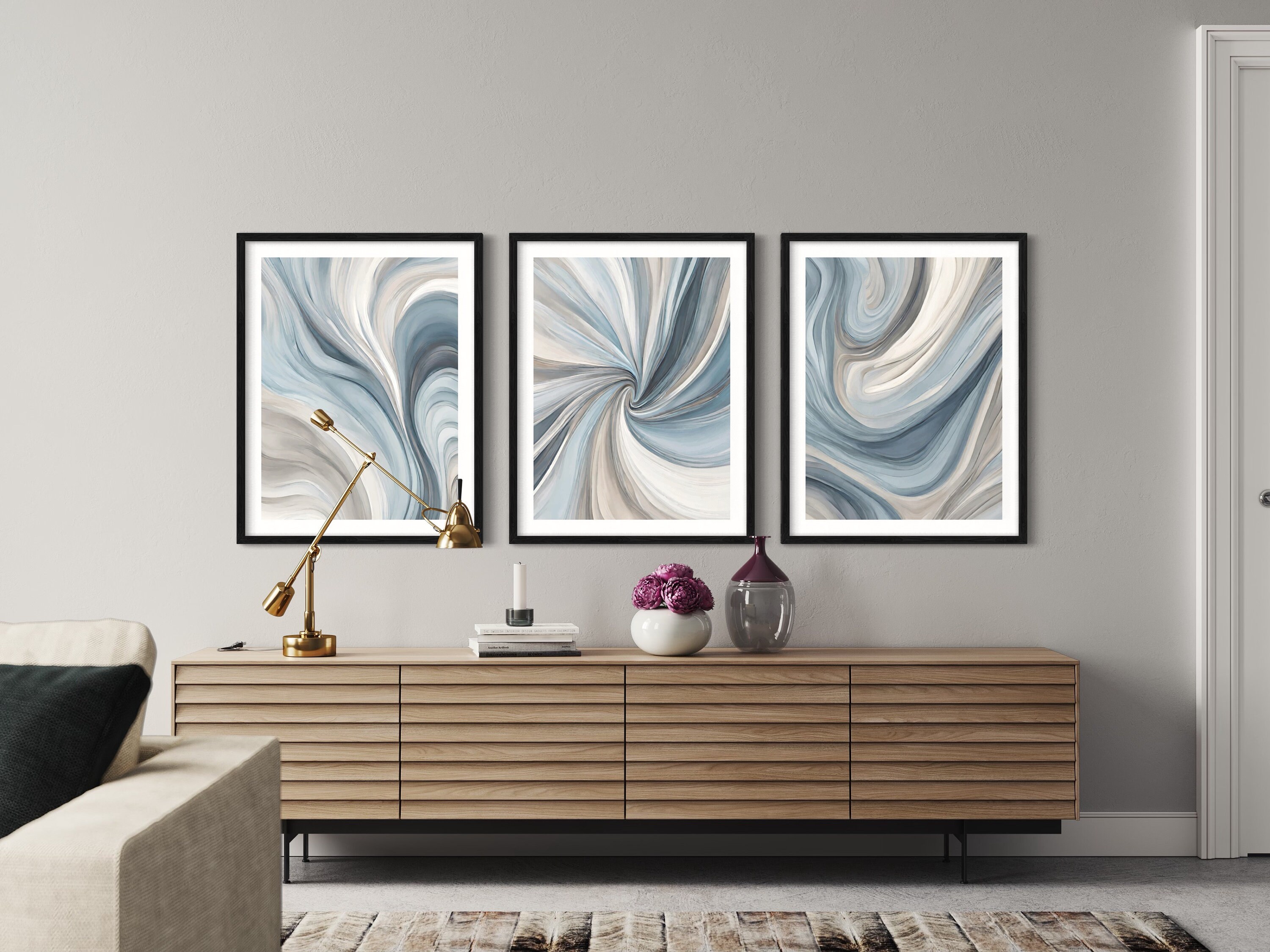 Navy Blue Wall Art Set of 3, Abstract Blue Art Prints, Digital Download ...