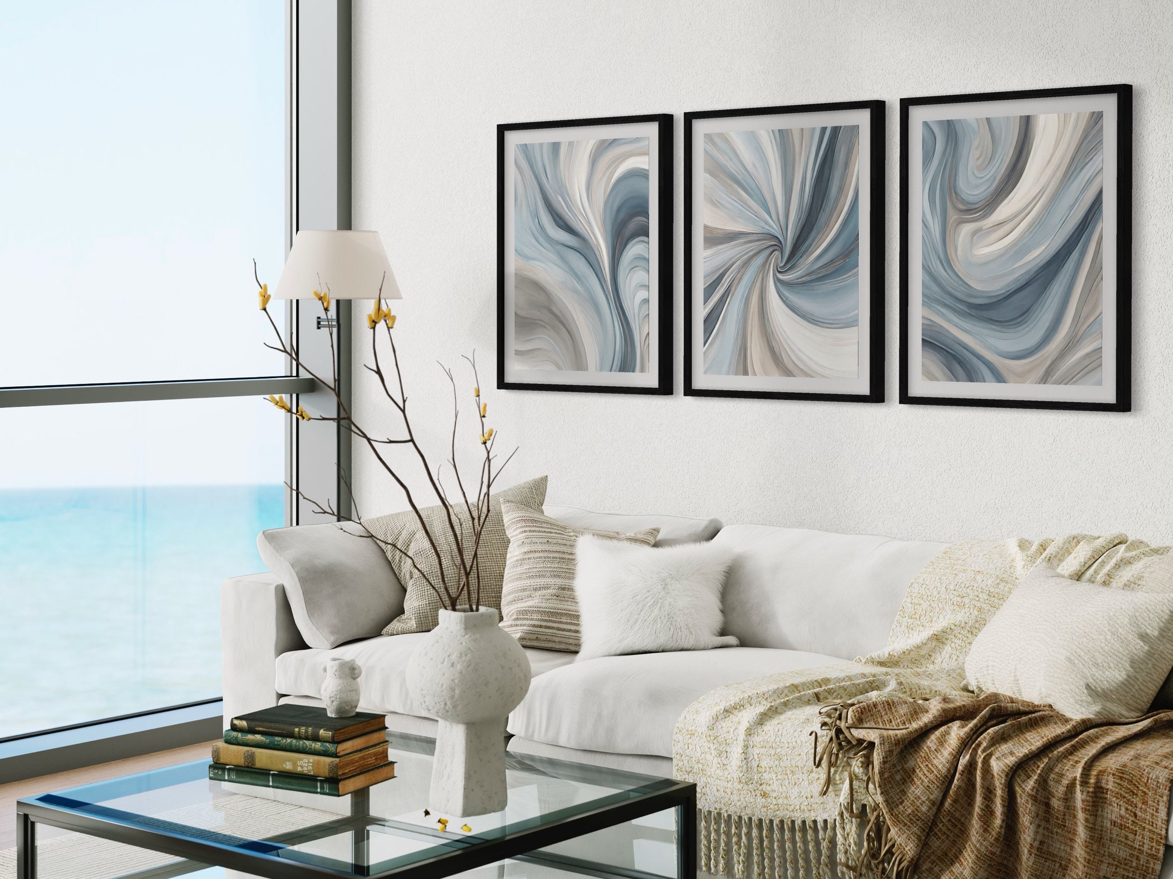 Navy Blue Wall Art Set of 3, Abstract Blue Art Prints, Digital Download ...